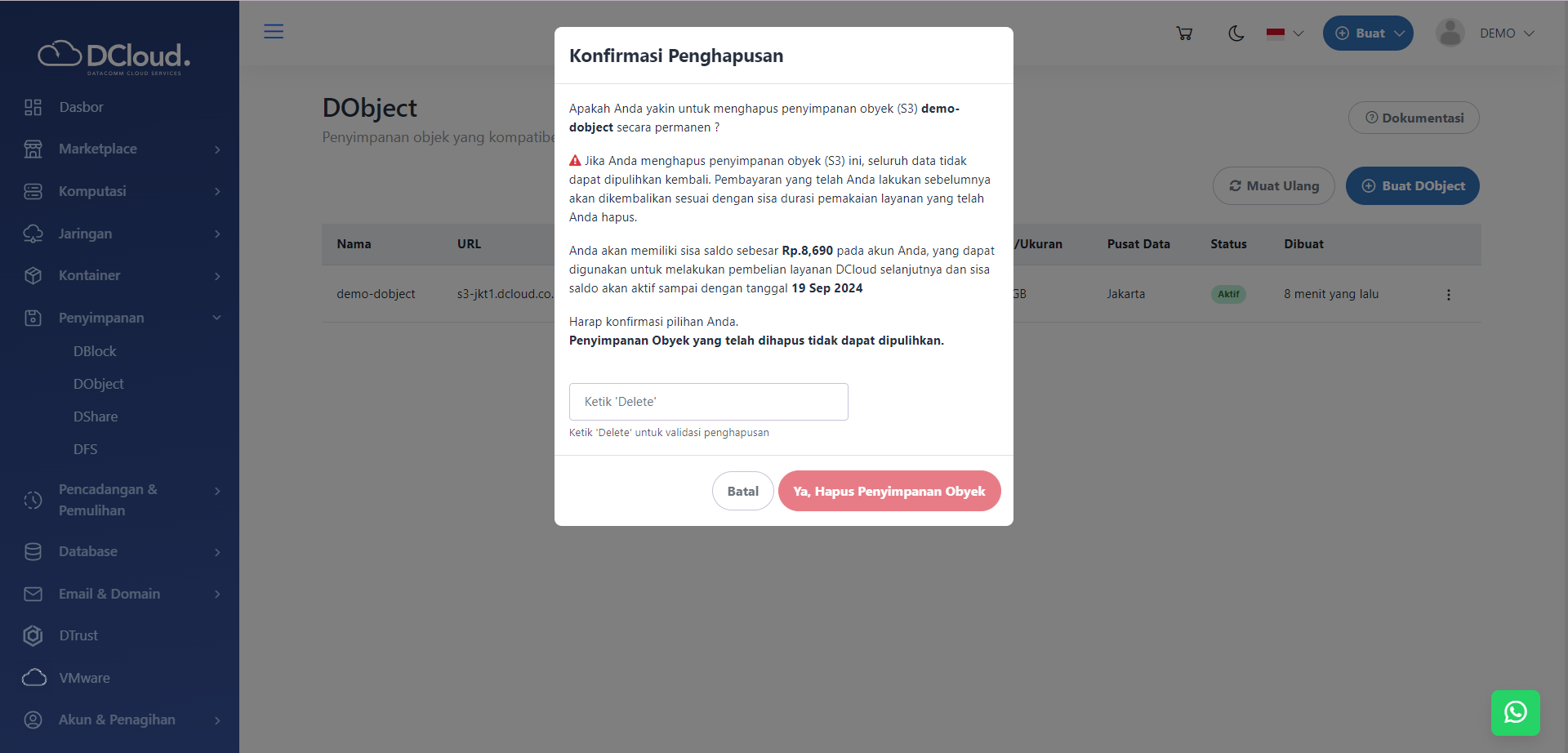 Menghapus DObject – Dokumentasi DCloud